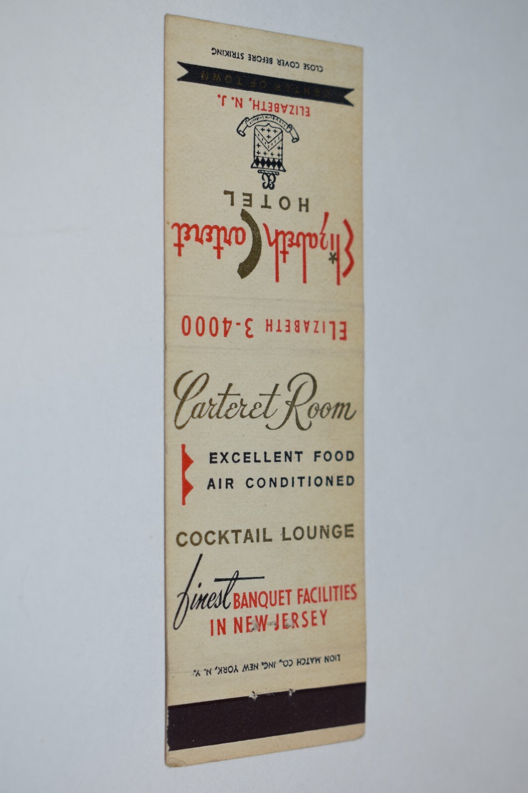 Elizabeth Carteret Hotel Elizabeth New Jersey 20 Front Strike Matchbook ...