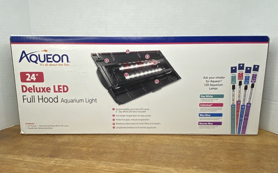 AQUEON Deluxe LED Full Hood Aquarium Light 24” Black Hinged Door Fish ...