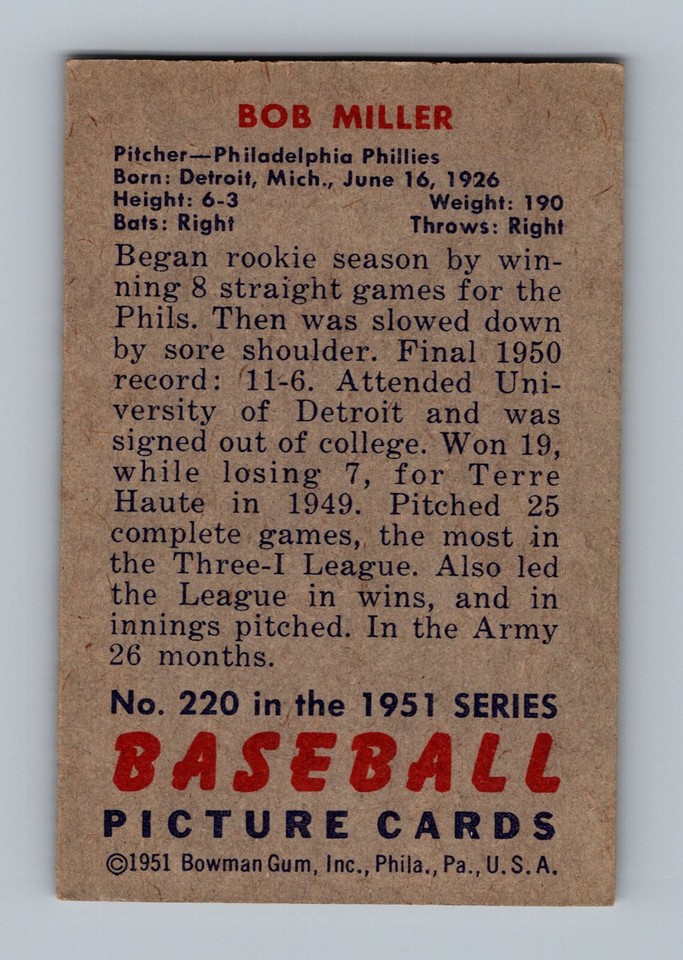 1951 Bowman #220 Bob Miller GD-VG Vintage Baseball Card | eBay