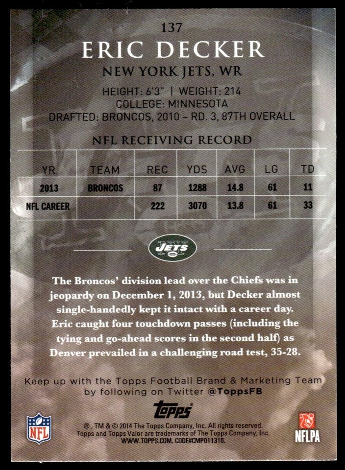 2014 TOPPS VALOR ERIC DECKER #137 NEW YORK JETS 1515 | eBay
