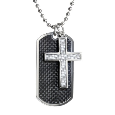 Stainless Steel and Carbon Fiber Dog Tag and Cross Pendant on 22 Inch ...