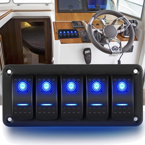Blue Car Marine Boat 5-Gang Waterproof Circuit LED Rocker Switch Panel ...