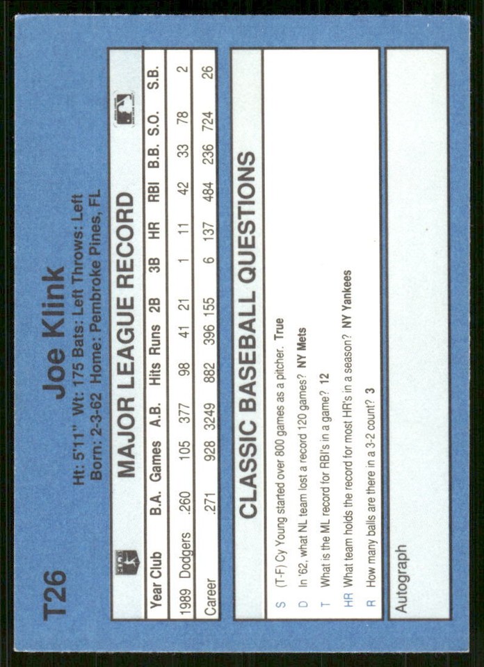 1990 Classic Yellow #T26 Joe Klink | eBay