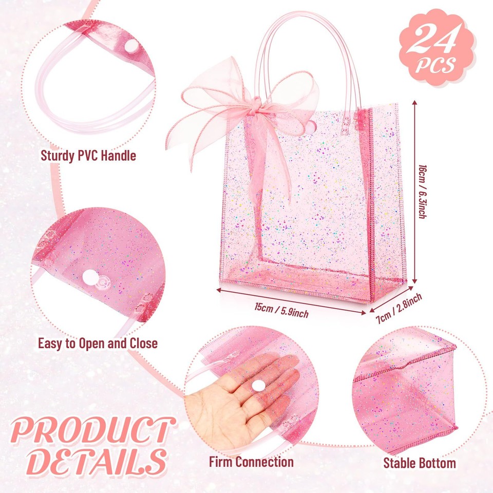 24 Clear Pink PVC Gift Bags 6.3x5.9 Inch Tote with Ribbons Bridal ...