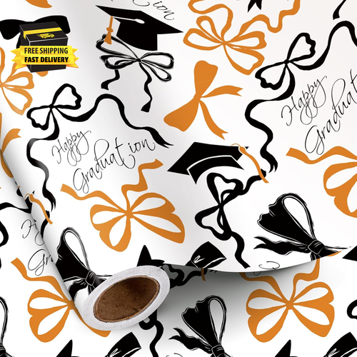 Graduation Wrapping Paper Roll, Mini Roll, Black and Gold Graduation ...