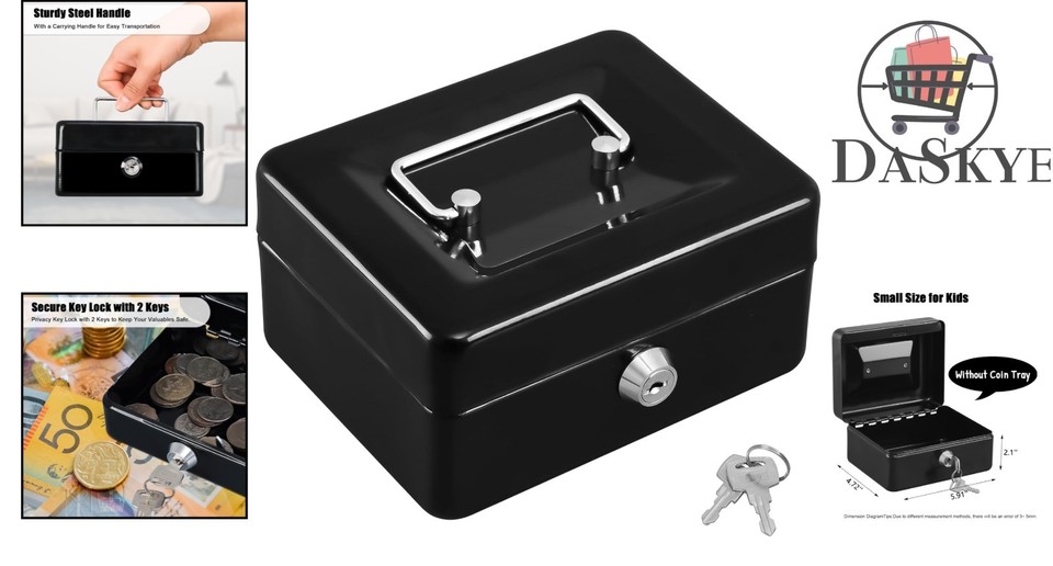 Small Metal Cash Lock Box with Key - Stylish 5.91"x4.72" Water ...