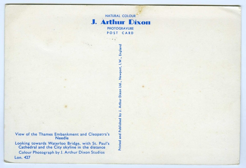 1960s J Arthur Dixon Postcard Thames Embankment & Cleopatras Needle ...