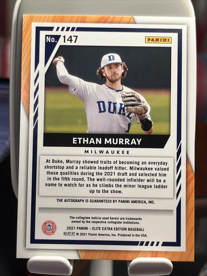 Ethan Murray AUTO RC 2021 Panini Elite Extra Edition #147 Duke Brewers ...