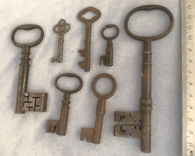 *RARE LOT Georgian STRONGBOX SAFE Key + 6 Antique Keys Door Cabinet ...