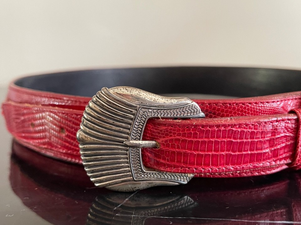 Vintage Red Leather Belt with Sterling Silver Buckle Marked SC | eBay