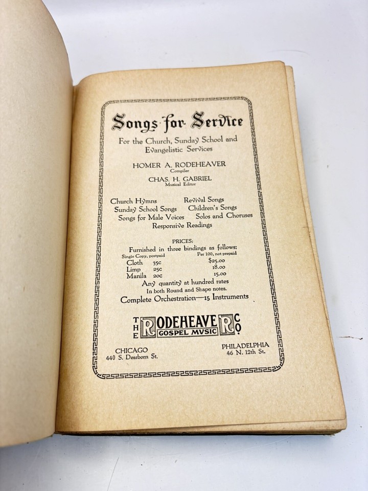 Vintage Hymnal circa 1910's Songs For Service The Rodeheaver Gospel ...