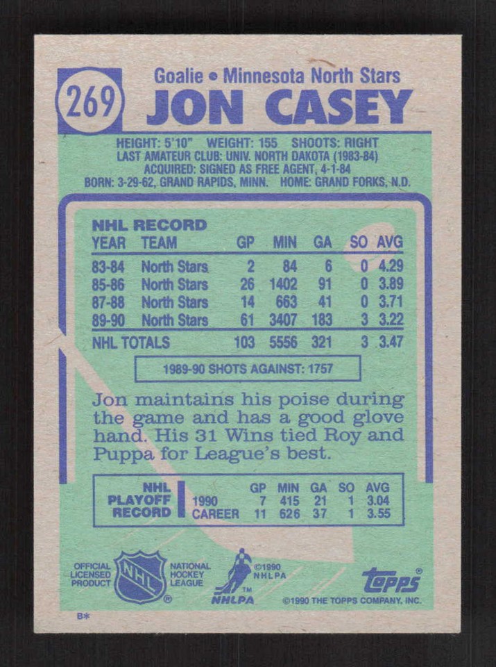 Jon Casey UER 1990 Topps Minnesota North Stars #269 | eBay