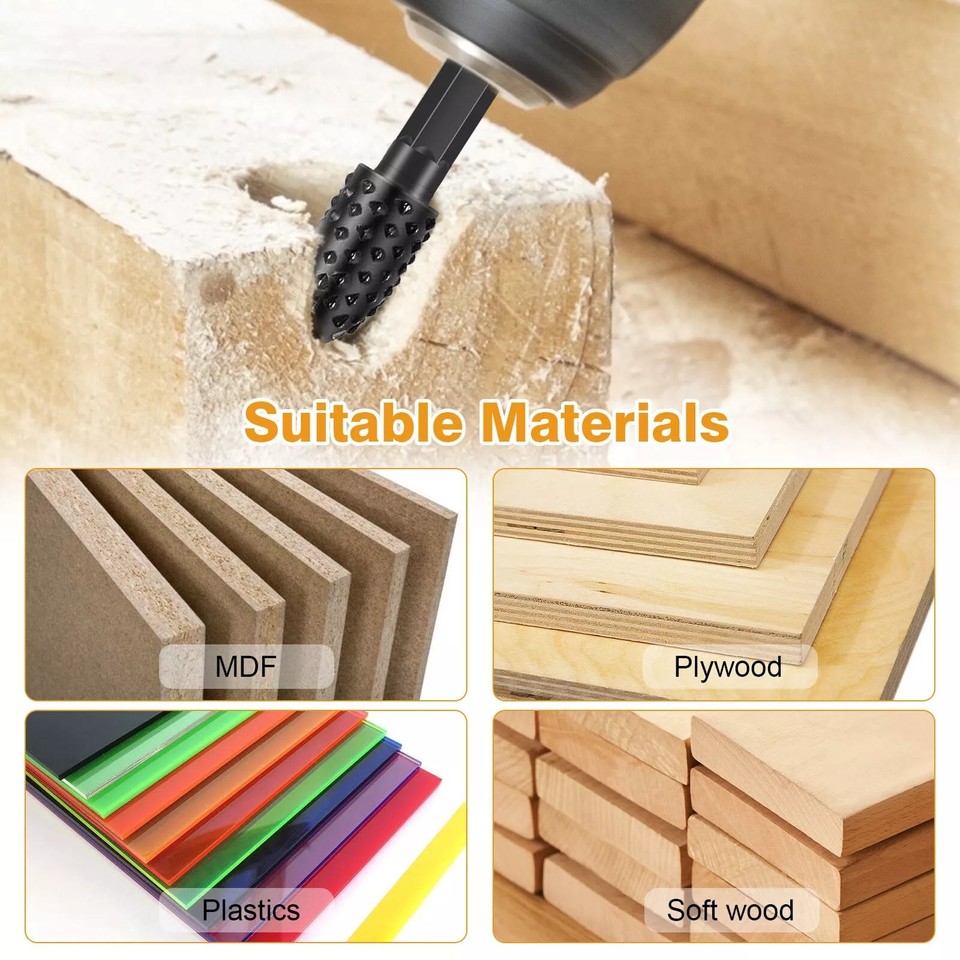 1/4" 6.35mm Shank Rotary Burr Wood Carving File Rasp Drill Bits Tool 10 ...