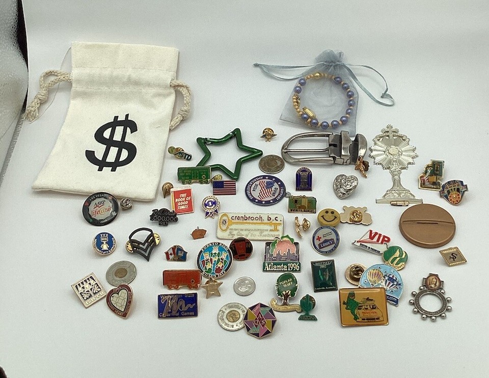 Junk Drawer Lot Pins, Gadgets, Coins, Christian Symbols, Belt Buckle ...