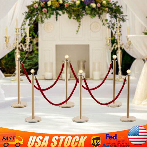 6Pcs Golden Stanchion Posts with 4 Velvet Ropes Crowd Control Queue ...