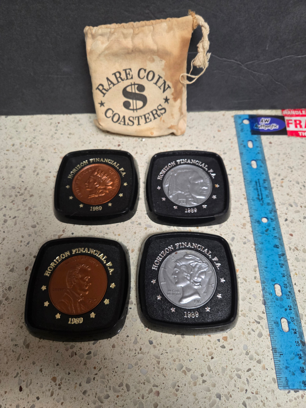 Vintage Rare Coin Coasters Promo Set Of 4 Horizon Financial FA 1989 Abe ...