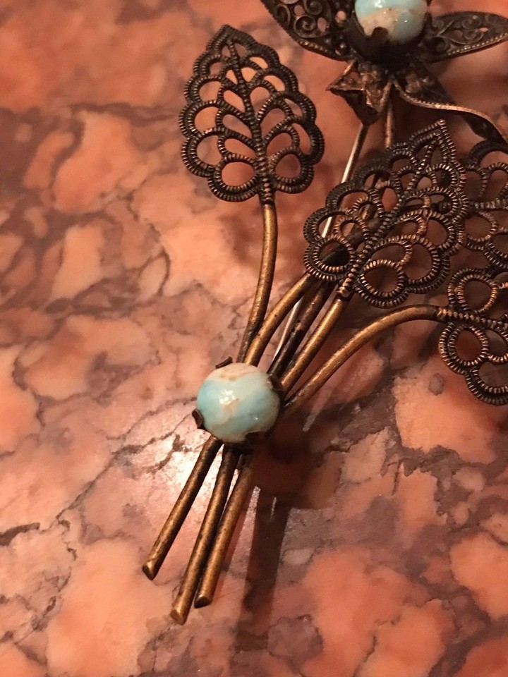 Vintage brooch pin flower stem light coloured turquoise with gold dust ...