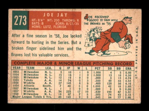 1959 Topps #273 Joey Jay VG/VGEX X3134156 | eBay
