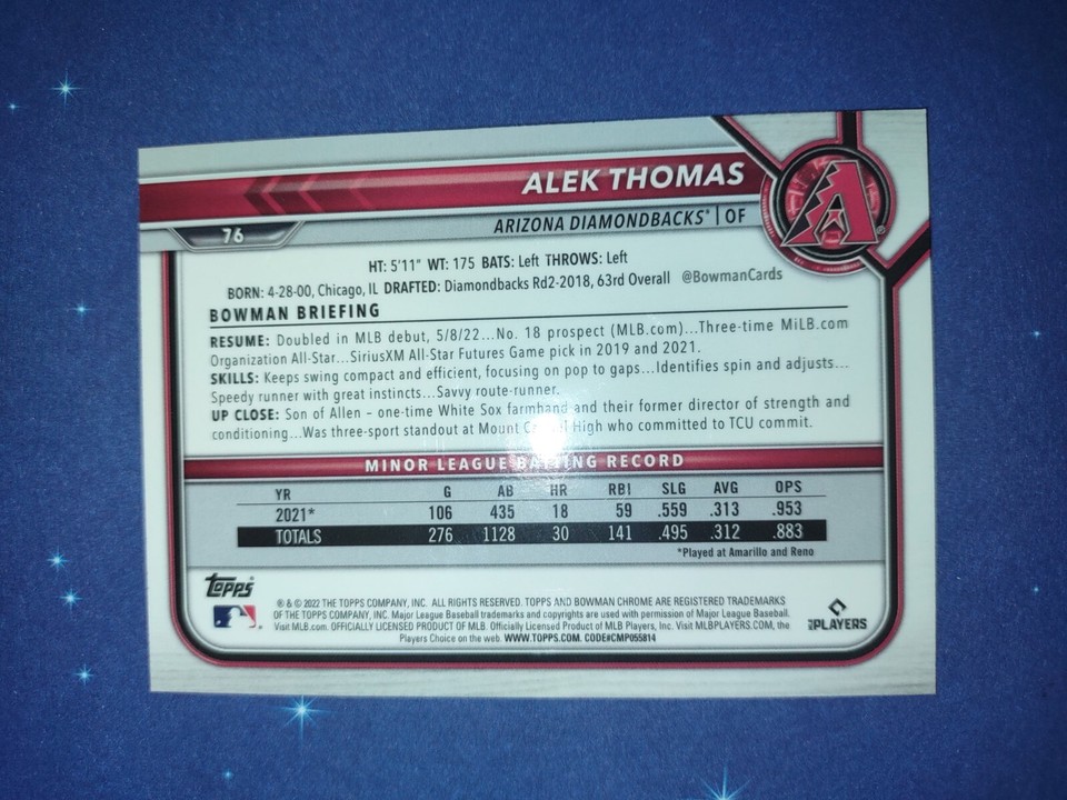 2022 Bowman Chrome Alek Thomas RC #76 Arizona Diamondbacks rookie card ...