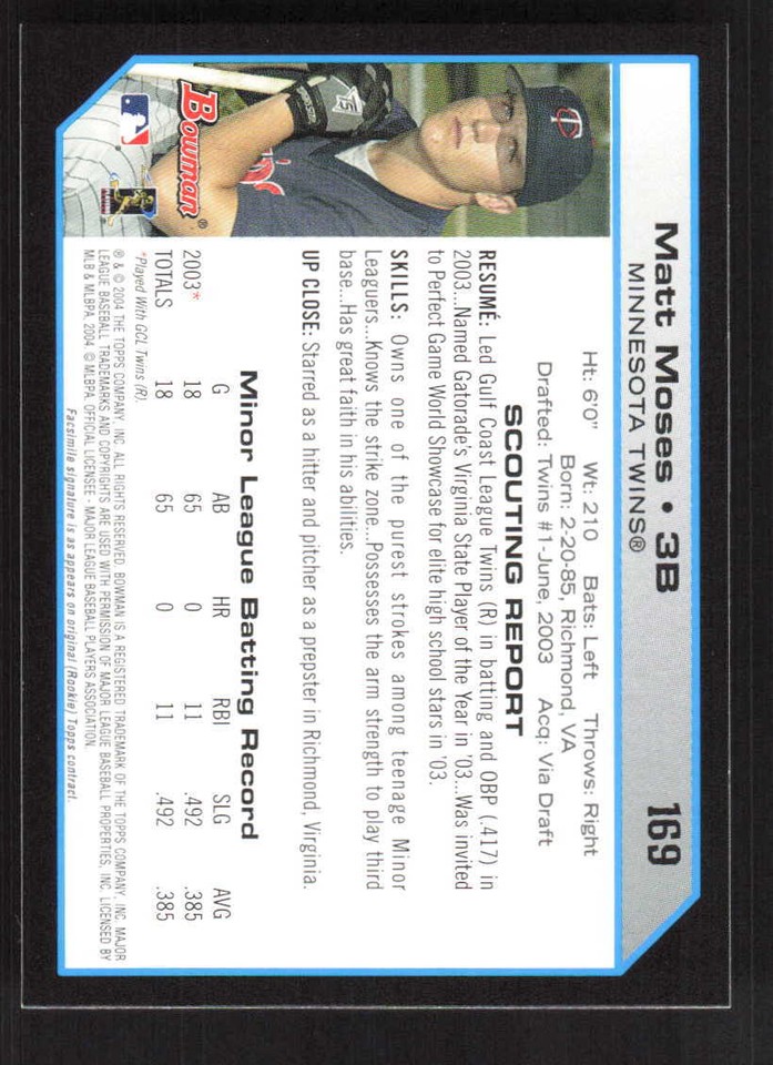 Matt Moses FY, RC 2004 Bowman Minnesota Twins #169 | eBay