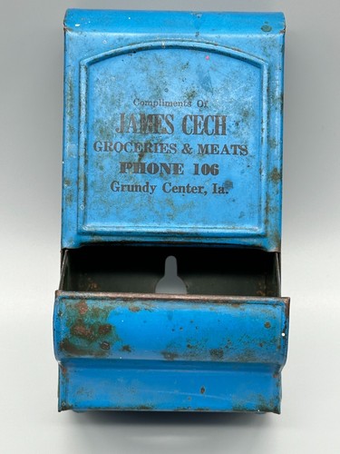 Vintage Tin Advertising Match Holder GRUNDY CENTER IOWA IA James Cech ...
