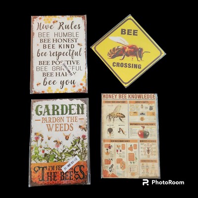 4 Decor Rustic Retro Metal Tin Signs Garden Garage Patio Bee Bumblebee Honeybee | eBay