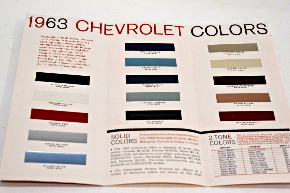 Vtg. 1963 Chevrolet Dealer Sales Foldout Brochure - 1963 Car Color ...