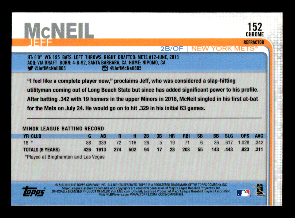 Jeff McNeil New York Mets 2019 Topps Chrome RC Refractor #152 | eBay