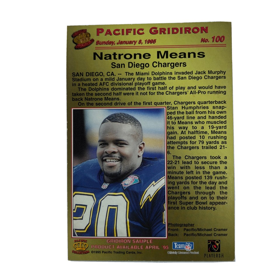 Natrone Means 1995 Pacific Gridiron Sample Collectors Card#100 | eBay