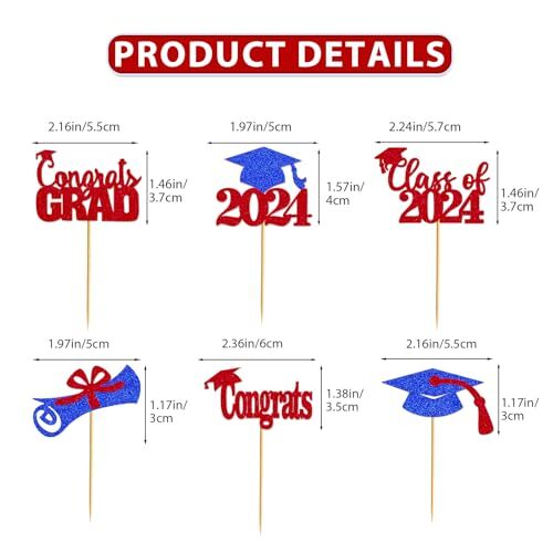 24Pcs Red and Blue Graduation Cupcake Toppers 2024 Graduation Red Blue ...