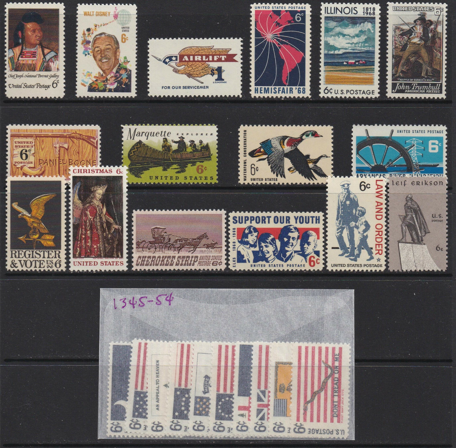 US Postage 1968 Year Set of Commemorative Postage Stamps with Flags Singles | eBay