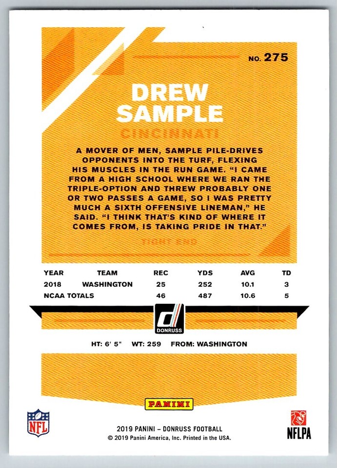 2019 DONRUSS DREW SAMPLE RC CINCINNATI BENGALS #275 | eBay