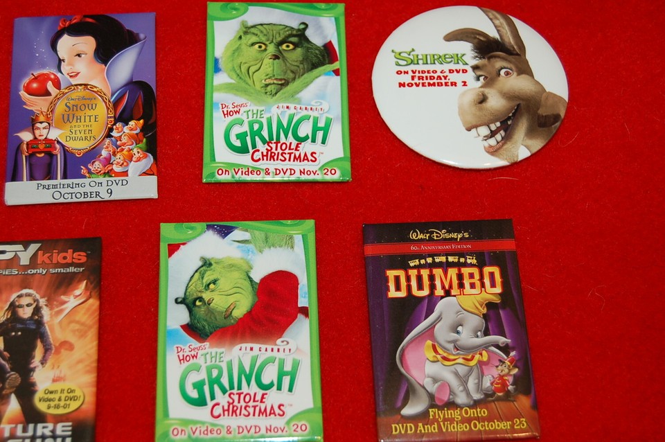 VINTAGE PROMO PINBACK LOT DISNEY BUTTONS SNOW WHITE SHREK DUMBO GRINCH ...