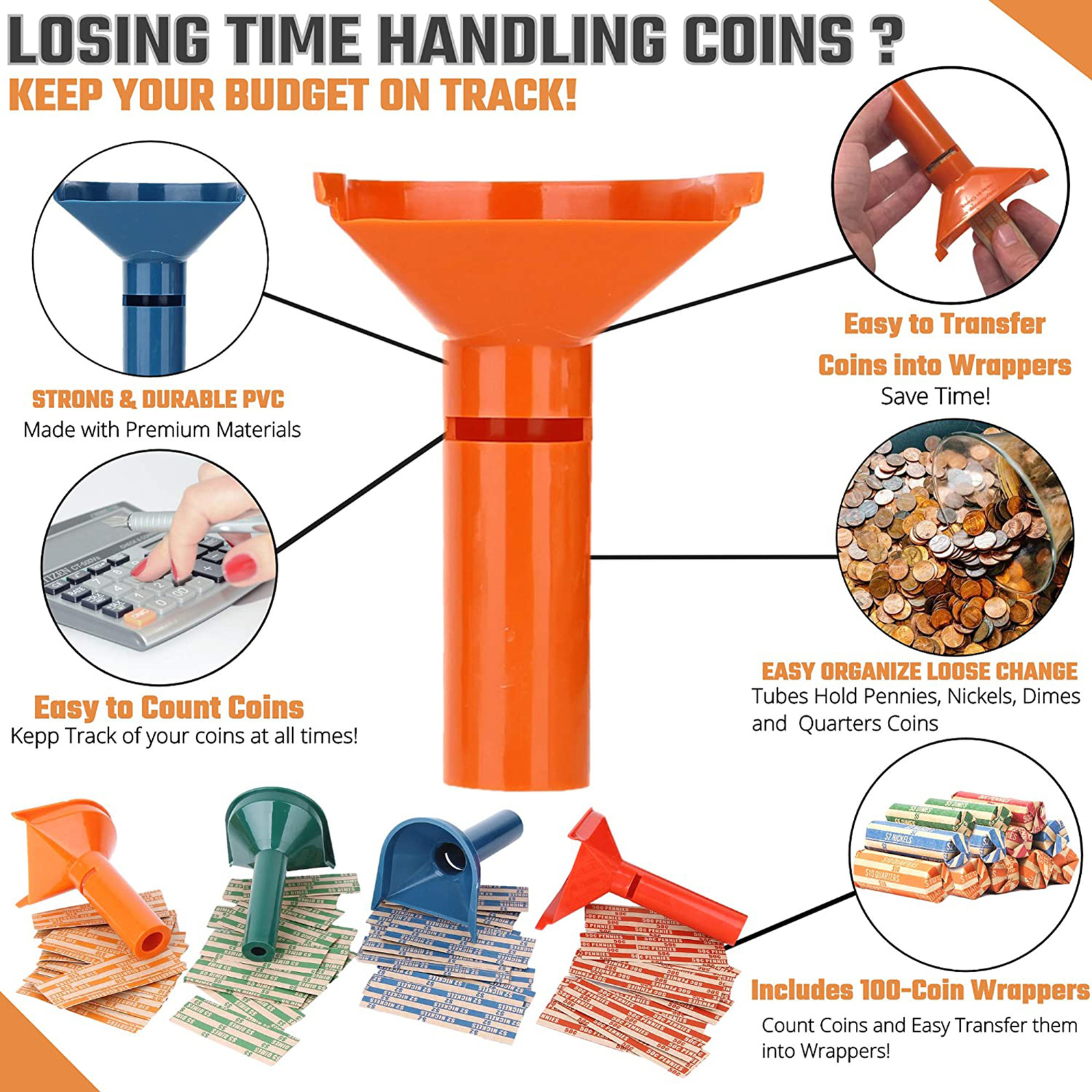 Coin Funnel High-quality Coin Sorter Coin Sorters Tubes Bundle with 4 ...