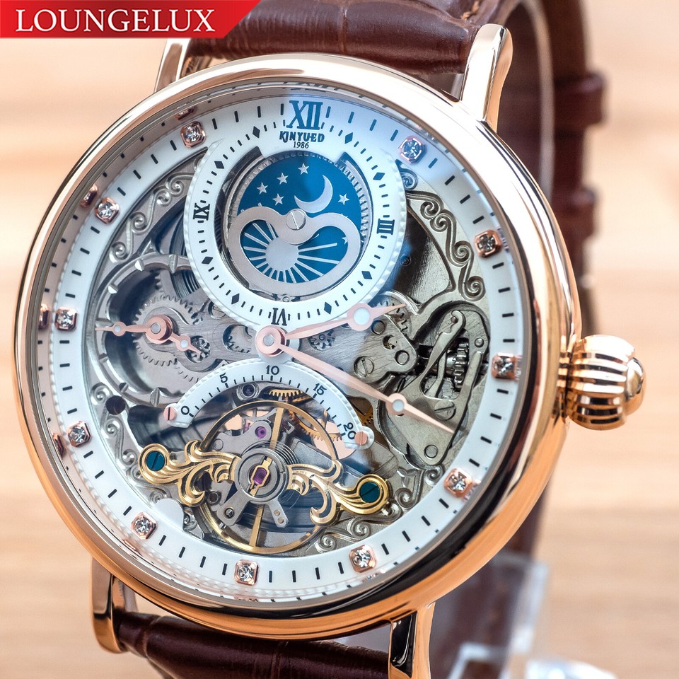 Mens Dual Time Flywheel Automatic Mechanical Watch Rose Gold White Dial ...