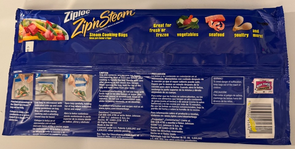 NEW SEALED Ziploc Zip'n Steam LARGE Cooking Bag Microwave 7 Pack ...