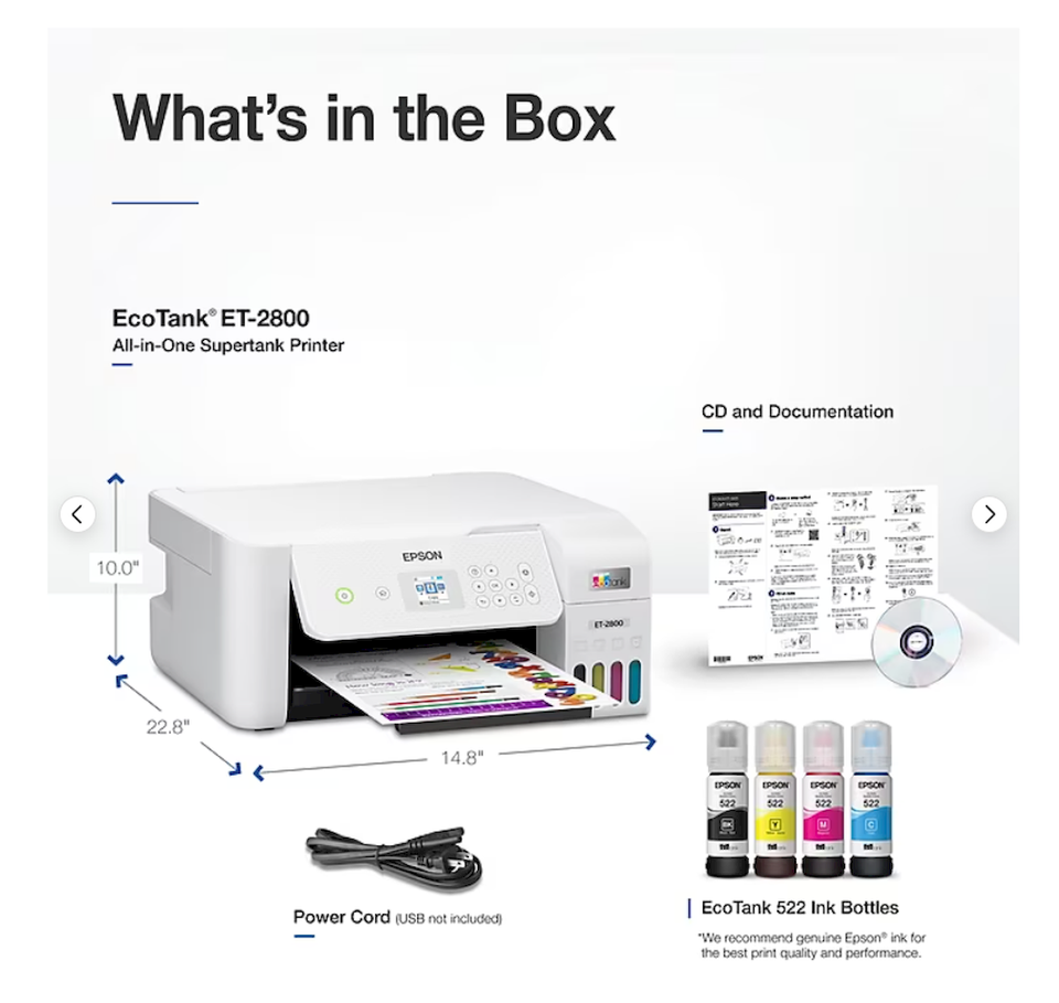 Epson EcoTank ET-2800 Wireless Color Inkjet All-in-One Supertank ...