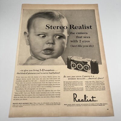 1955 Stereo Realist Camera Vintage Print Ad 10"x14" baby looking at ...