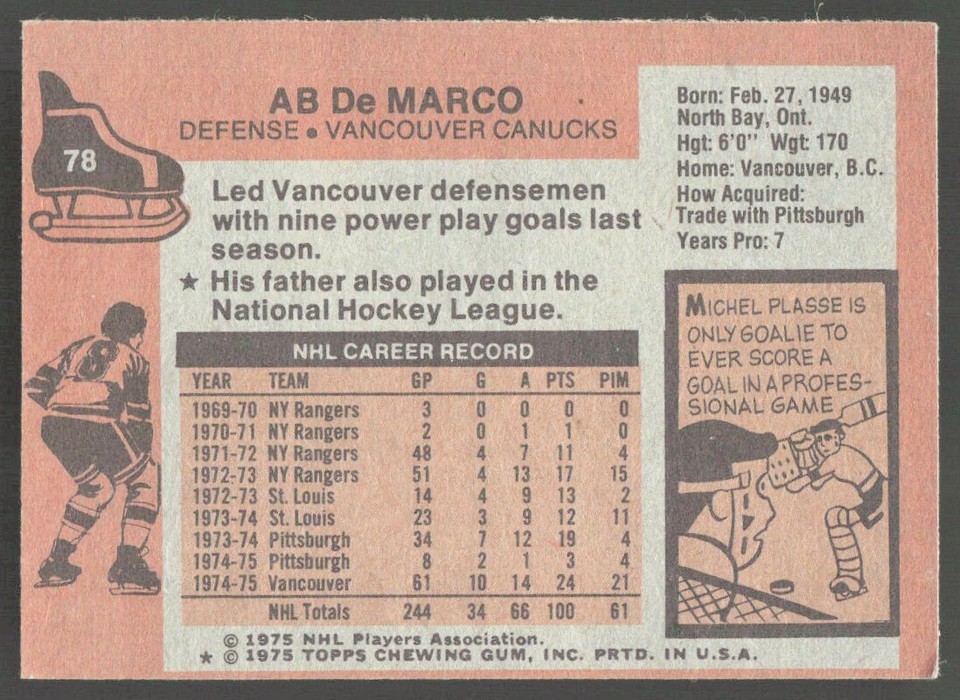 1975-76 8426A Topps Ab DeMarco Jr. Vancouver Canucks #78 | eBay