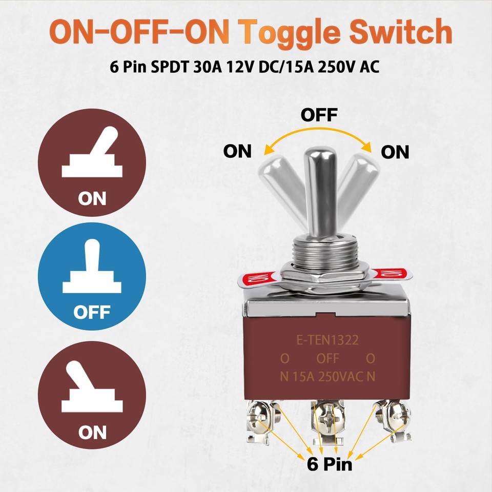 5Pack Toggle Switch, 6 Pin ON-Off-ON 12V DC 30A/250V AC 15A DPDT ...