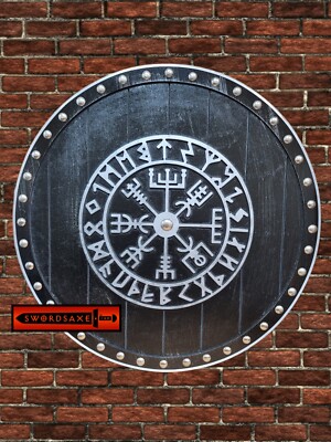 Viking Runes Helm of Awe Aegishjalmur Norse Carved Wood Round Shield ...