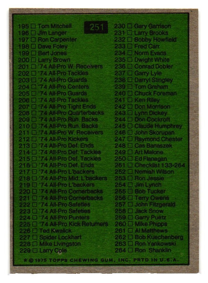1975 Topps Football set #251 Checklist #133 to #264 NM+ Unmarked Free ...