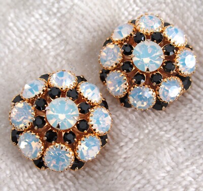 (2) Vintage Jet Black & White Opal Domed Rhinestone Buttons Shank ...