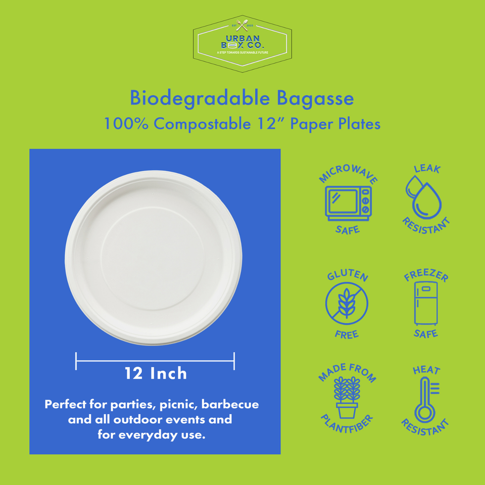 Urban Box Co 12-Inch Disposable Paper Plates, Heavy Duty, Compostable ...