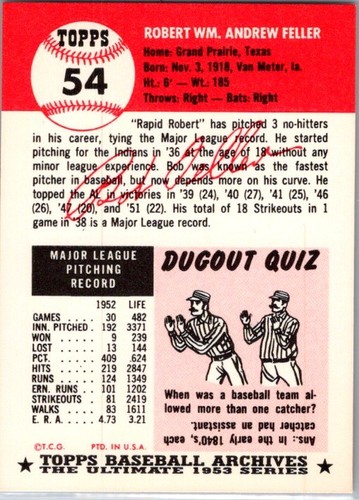 Bob Feller 1991 Topps Archives #54 Cleveland Indians 1953 Reprint | eBay