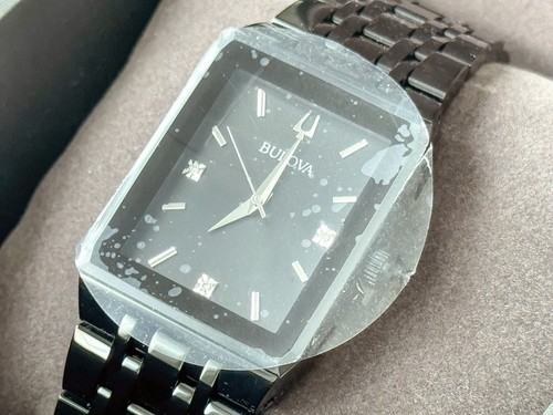 Bulova Quartz Diamond Accent Black Dial Rectangle Steel Men's Watch ...