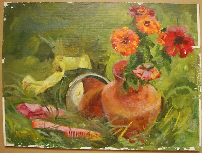 Ukrainian Soviet USSR Oil Painting impressionism jug flowers hairbrush ...