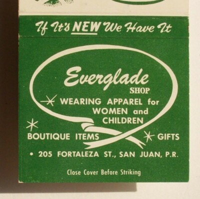 1960s Everglade Shop Apparel San Juan PR Matchbook Puerto Rico | eBay