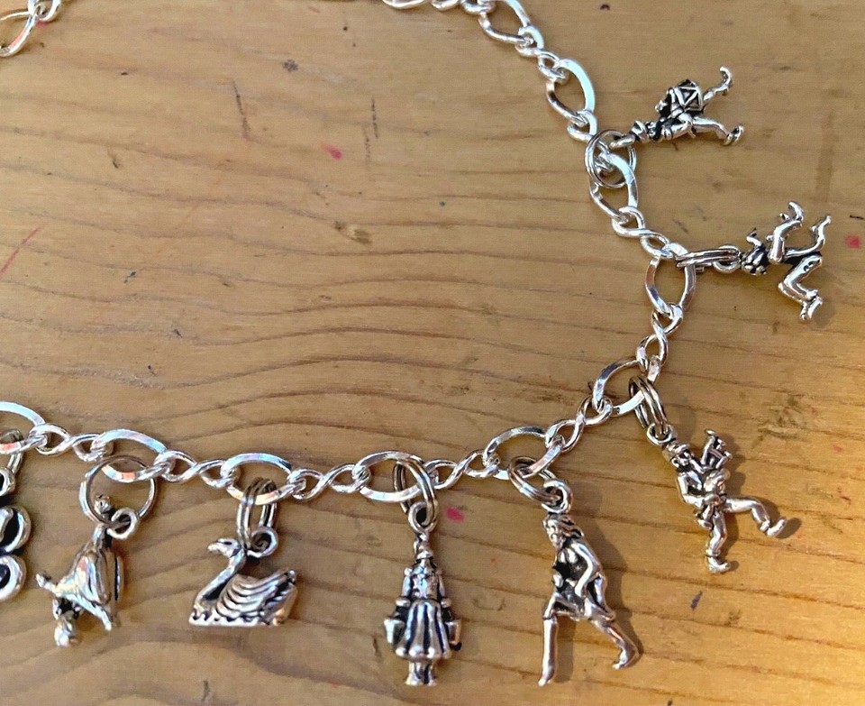 9" ALL 12 Days of Christmas charms on Sterling Silver Figure 8 Charm ...