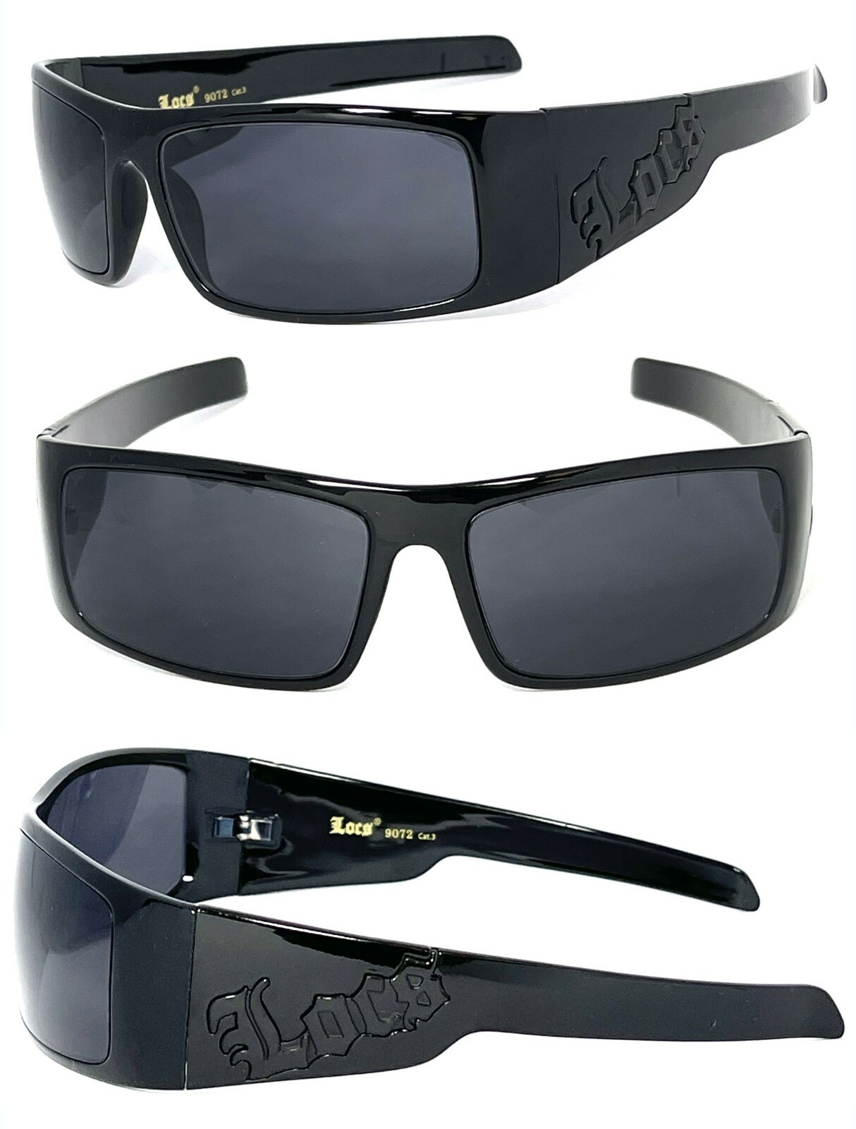 Locs Mens Cholo Biker Wrap Around Sunglasses - Shiny Black (Black Logo ...